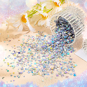 60 g/ 2.1 oz Holographic Star and Moon Table Confetti Iridescent Metallic Glitter Foil Confetti Sequin Star Moon Scatter for Halloween Birthday Wedding Festival Party DIY (10 mm, 6 mm, Silver)