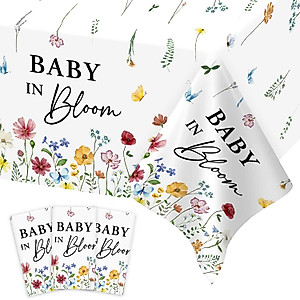 Heboland 3 Pack Baby in Bloom Baby Shower Tablecloth Decorations, Wildflower Floral Large Size 54 x 108 Inch Rectangular Plastic Tablecloth Party Decor