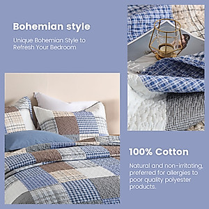 Secgo Queen Comforter Set for Bed - 100% Cotton Quilts Queen Size, Bule, Plaid Bedspreads (90 * 98 Inch) with 2 Pillow Shams, Patchwork Reversible Lightweight Bedding