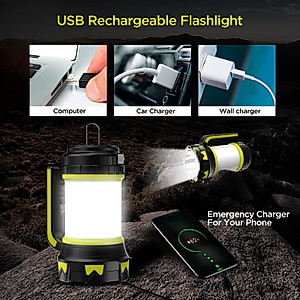 Bochaos Rechargeable Flashlights Camping Lantern,6 Modes LED Bright Flashlight 3000mAh Power Bank, IPX4 Waterproof, Emergency Flashlight Lantern for Outdoor， Hurricane, USB Cable Included-1 Flashlight