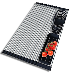 XL Extra Large Expandable Roll Up with Storage Basket 22.8" x 12.7" Over Sink Dish Drying Rack Multi-Purpose Kitchen Rolling Dish Drainer Foldable Stainless Steel Dish Drying Rack for Kitchen