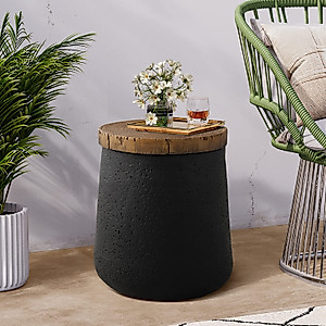 COSIEST 2 Pieces Outdoor Side Table, Set of 2 Drum End Table, Cylinder Shaped Concrete Side Table Faux-Wood Top, Black Outdoor Accent Table with Tree Trunk Slice Hand Painted, Accent Stool