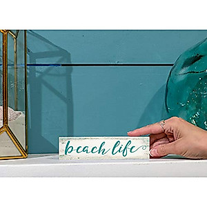 P. Graham Dunn Beach Life Turquoise Script Design White Wash 6 x 1.5 Mini Pine Wood Tabletop Sign Plaque