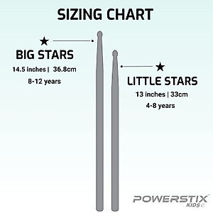 Powerstix colorful drumsticks for kids, Durable and light, specially designed for both electronic drums and acoustic drums for kids (SMALL STARS UV GREEN)