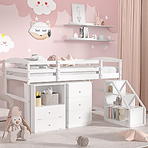 TURRIDU Low Loft Bed with Pullable Storage Staircase and 2 Cabinet, Wooden Stairway Loft Bed with Drawers and Shelves, Twin Size Bed Frame for Girls, Boys, Teens, No Box Spring Needed