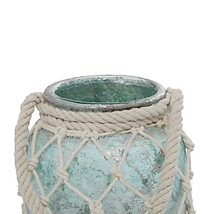 Deco 79 Glass Indoor Outdoor Candle Lantern Decorative Lantern Candle Holder with Rope Handle, Lantern 7" x 7" x 15", Blue
