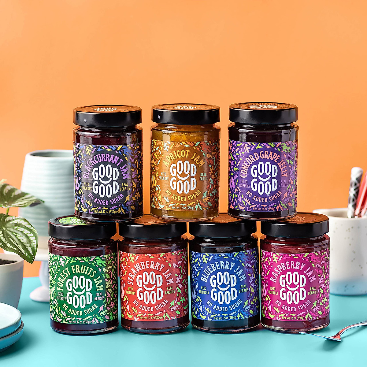 GOOD GOOD No Added Sugar Fruit Jam Variety Pack of 4 - Keto Friendly Jelly - Concord, Strawberry, Apricot and Forest Fruit Jams - Low Calorie, Low Carb and Vegan - 12oz / 330g Jars