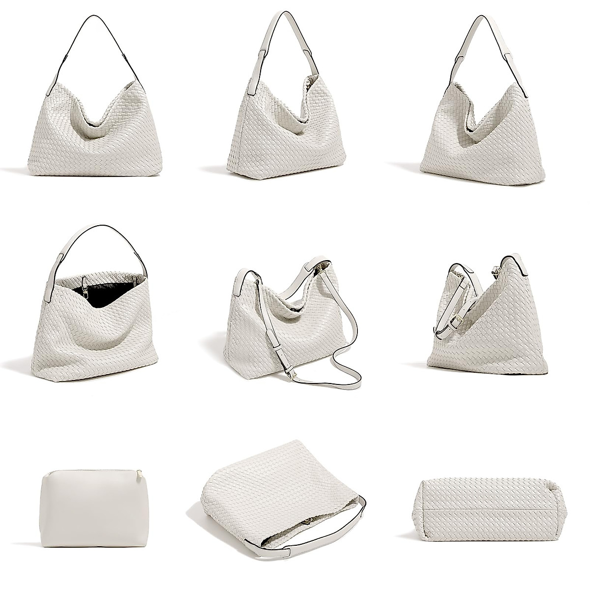 JINMANXUE Women Boston Bag Woven Vegan Leather Handbags Female Satchel Messenger Bag Fashion Shoulder Bag Casual Hobo (Off white)