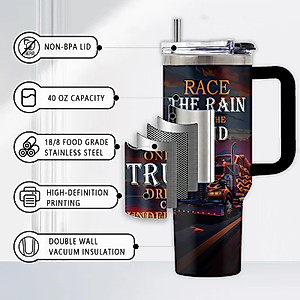 Uibunoo Truck Driver Gifts for Men, Race the Rain Ride the Wind 40 Oz Sunset Truck Tumbler with Handle & Straw, Trucker Gifts, Birthday Presents for Trucker, Stainless Steel Trucker Cup