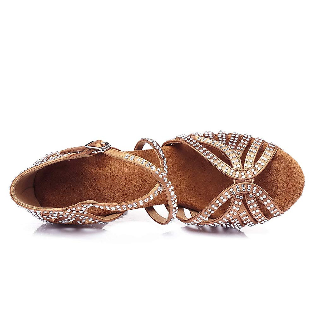 ROGMUJEN Women Latin Ballroom Practice Perfermence Rhinestones Dance Shoes Tango Salsa Party Dress Pump Dance Shoes,Bronze,7.5US,ML380