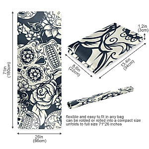 Qilmy Sugar Skull Yoga Mat Non-Slip Foldable Sweat Absorbent Travel Yoga Mat with Carrying Bag for Yoga, Pilates, Exercise, Workout, Bikram and Hot Yoga 71 x 26 Inch