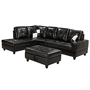 DHHU 3 Piece Living Room Furniture Set, Couch with Storage Footrest, Sectional Sofa for Home, Office, Studio, 103" x 72.5" x 32", D-L-Shaped/Black