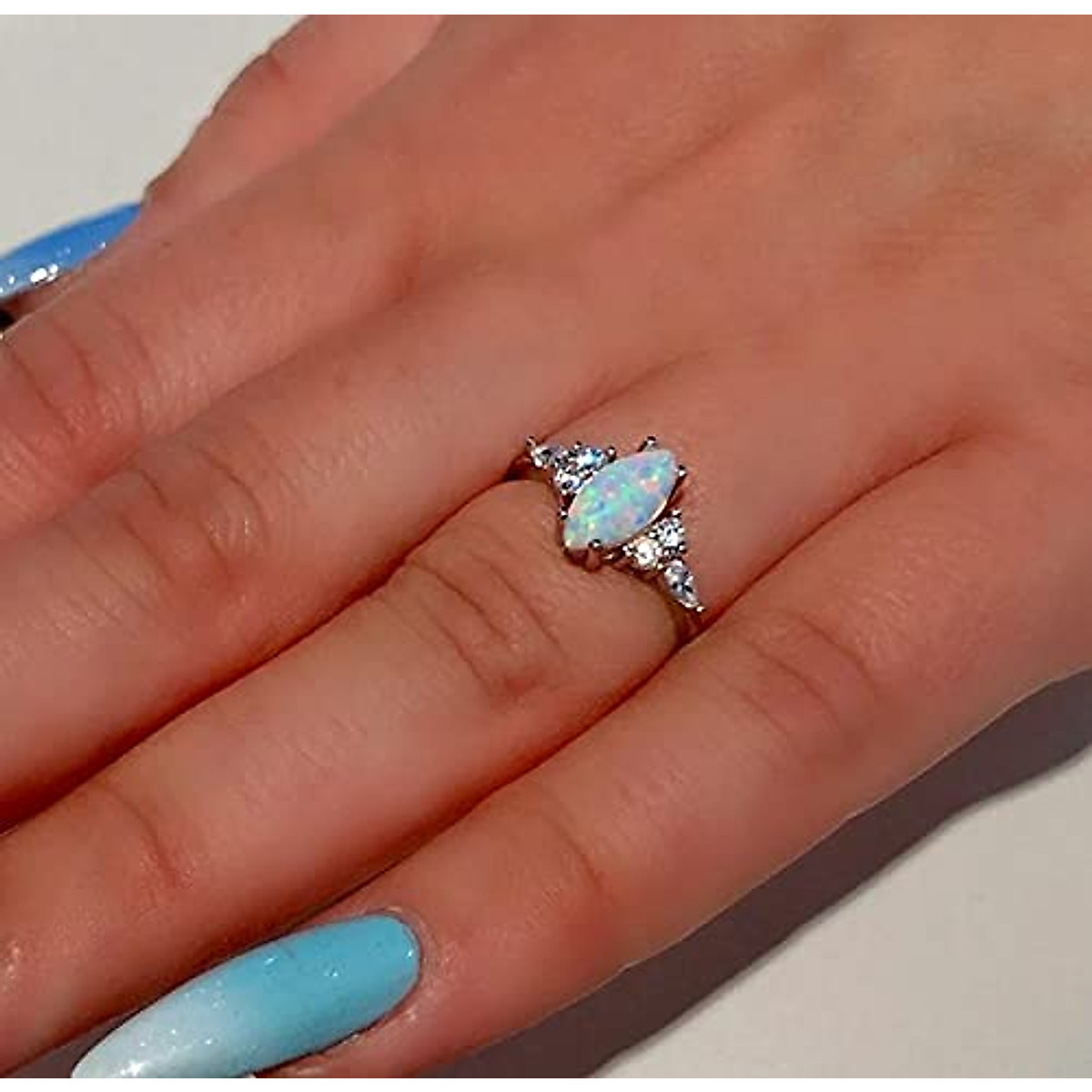 Genuine Marquise Ethiopian Opal Ring-Opal Cubic Zirconia Ring-October Birthstone Ring-925 Sterling Silver Engagement Ring-Opal Wedding Ring (12.5)