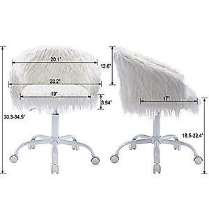 Hi&Yeah Cute Unicorn Faux Fur Desk Chair with Roller Wheel, Comfy Fluffy Adjustable Height Home Office Chair for Teens Adults Study Room Bedroom, White