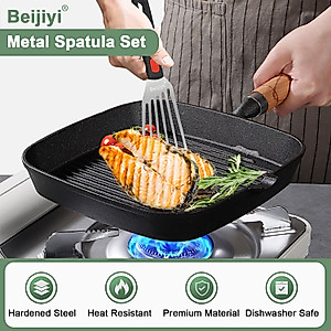 Beijiyi Stainless Steel Spatula Set, Heavy Duty Small Metal Spatula for Cooking Cast Iron Skillet with Silicone Handle - Griddle Grill Kitchen Spatula Flipper for Pancake, Fish, Smash Burger and Egg
