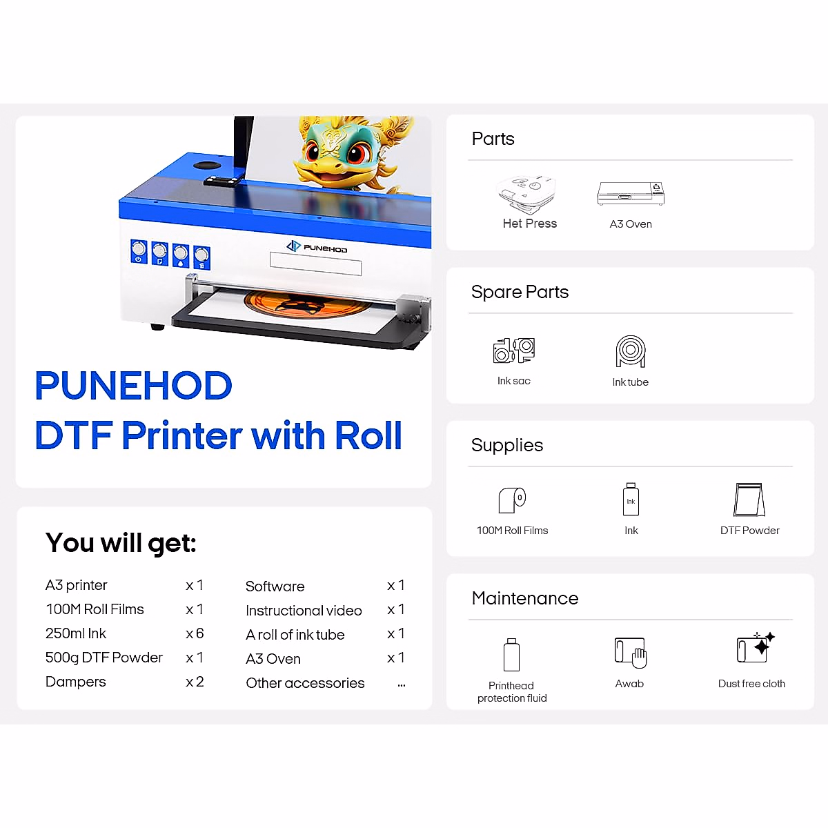 PUNEHOD L1800 DTF Transfer Printer with Roll Feeder,Direct to Film Print-preheating A3 DTF Printer for Dark and Light Clothing VS DTG Printer (A3 DTF Printer +Oven)