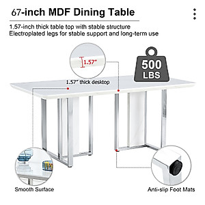 67" Dining Table,White Gloss Kitchen Table,1.57" Thick MDF Board Table Top Coated by Faux Marble Pattern with Chrome Plate Metal Base,Modern Dining Table for 6-8 People