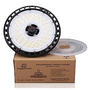 RuggedGrade 100 Watt LED High Bay UFO Corvus Series Lights - with 40w Kono Series Battery Back Up - 14,500 Lumen - 3.3ft Cord - 5000K - DLC Premium 5.1 Optional