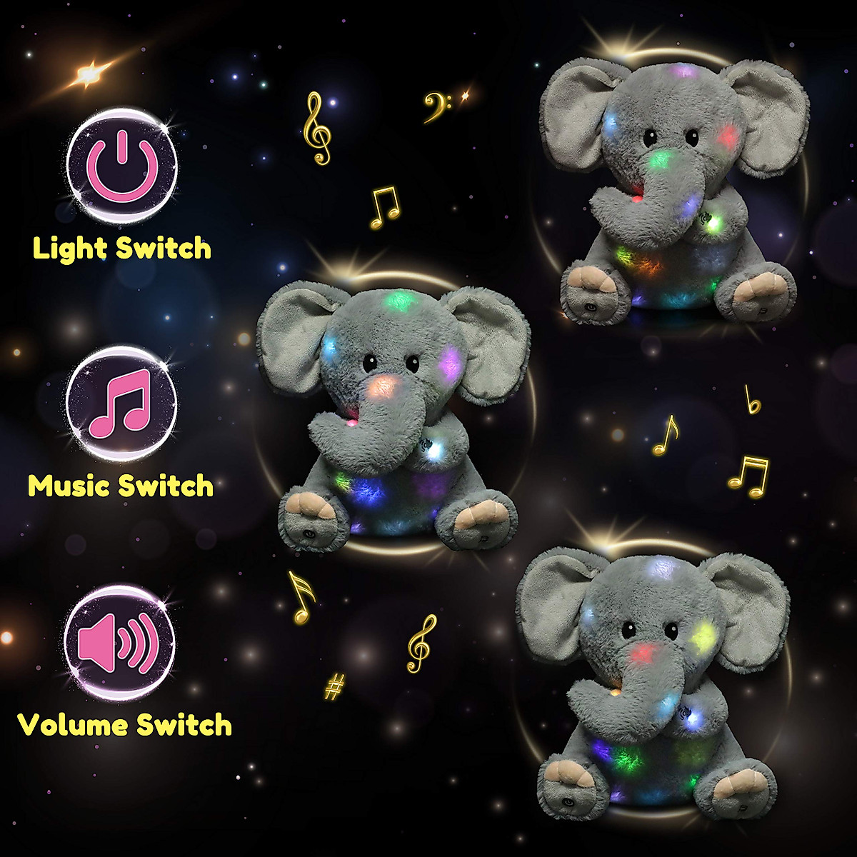 Hopearl LED Musical Stuffed Elephant Lighting Up Singing Plush Toy Adjustable Volume Lullaby Animated Soothe Birthday Festival for Kids Toddler Girls, Gray, 11''