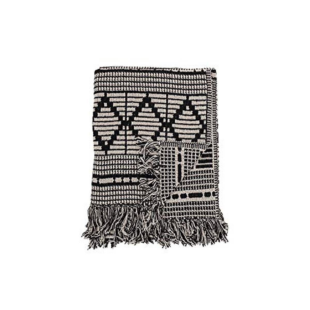 Bloomingville Black & Beige Woven Cotton Blend Blanket with Fringe Throw, One Size fits All, Black