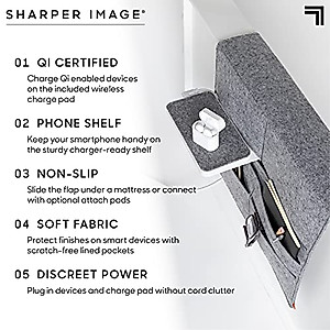 Sharper Image Wireless Qi-Charging Bed Caddy, Soft Fabric Organizing Pockets with Phone Shelf and Universal Bed Attachment