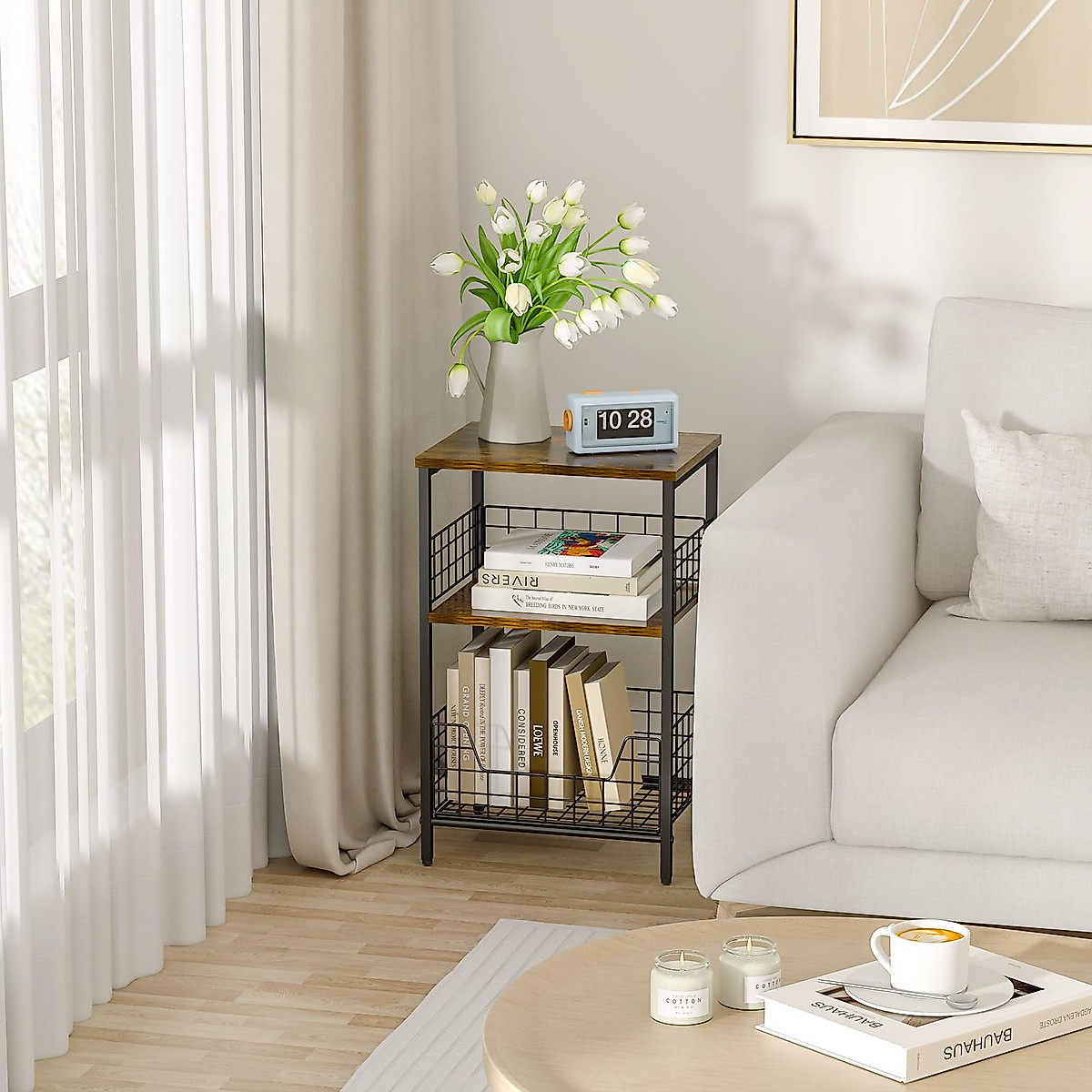 X-cosrack Side Table, Industrial Retro End Table Nightstand Storage Shelf for Living Room Bedroom Kitchen Family and Office,Small Table for Small Spaces(Rustic Brown & Black)