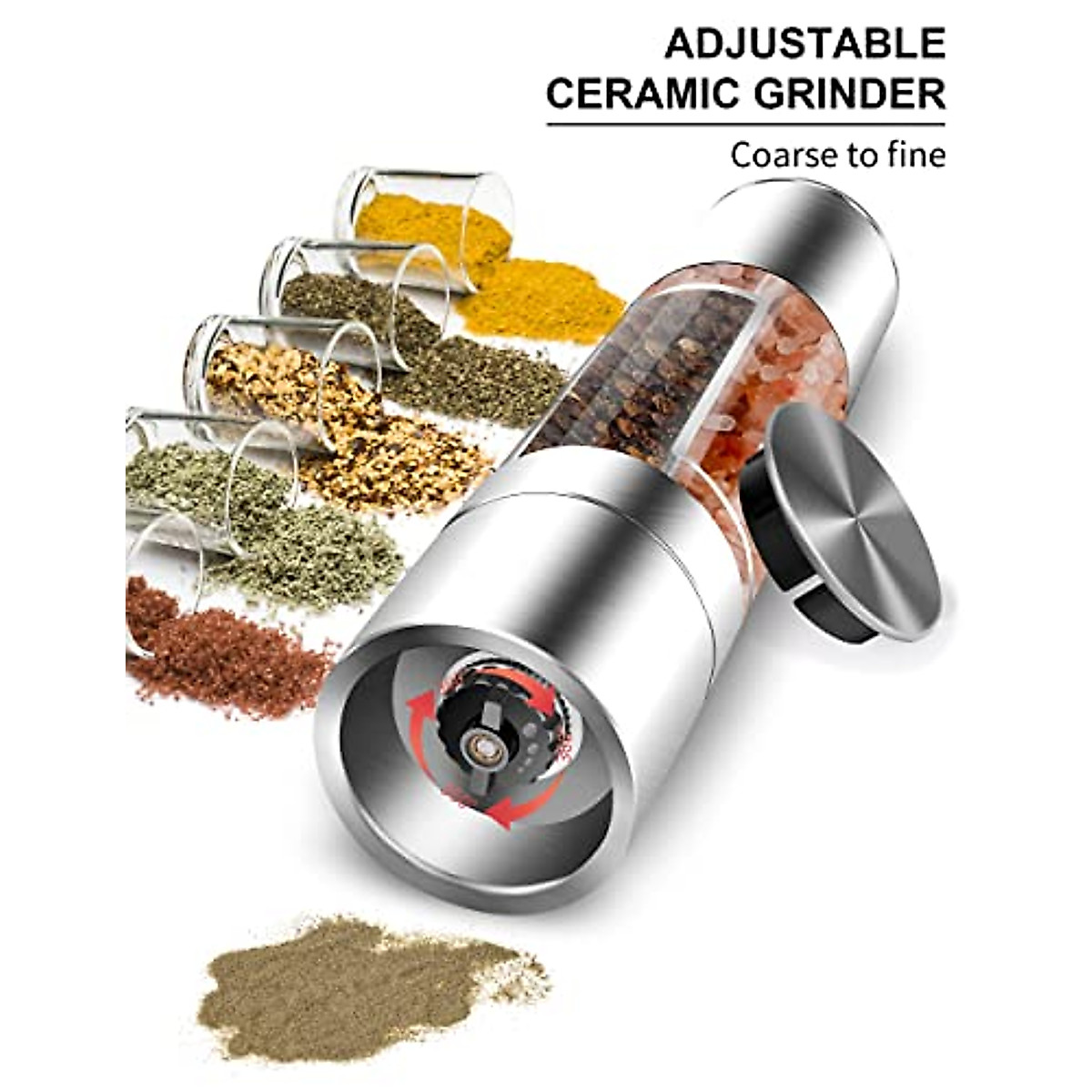 Gulex® Salt and Pepper Grinder Set, 2 in 1 Salt Mill and Pepper Mill with 5 Level Adjustable Coarseness, Stainless Steel Salt and Pepper Grinder Refillable for Kitchen (2 in 1)