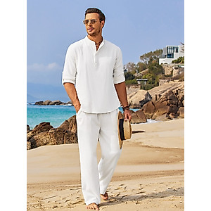 COOFANDY Men's 2 Pieces Cotton Linen Set Long Sleeve Henley Shirts Casual Beach Pants With Pockets Summer Yoga Outfits