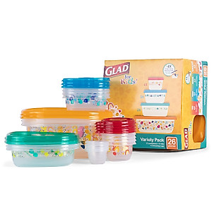 Glad for Kids GladWare Variety Pack 26ct Back to School Pattern Food Storage Containers with Lids | Mixed Sizes Kids Food Containers with Rainbows & Colorful Cute Designs, Tight-Sealing 26 Piece Set