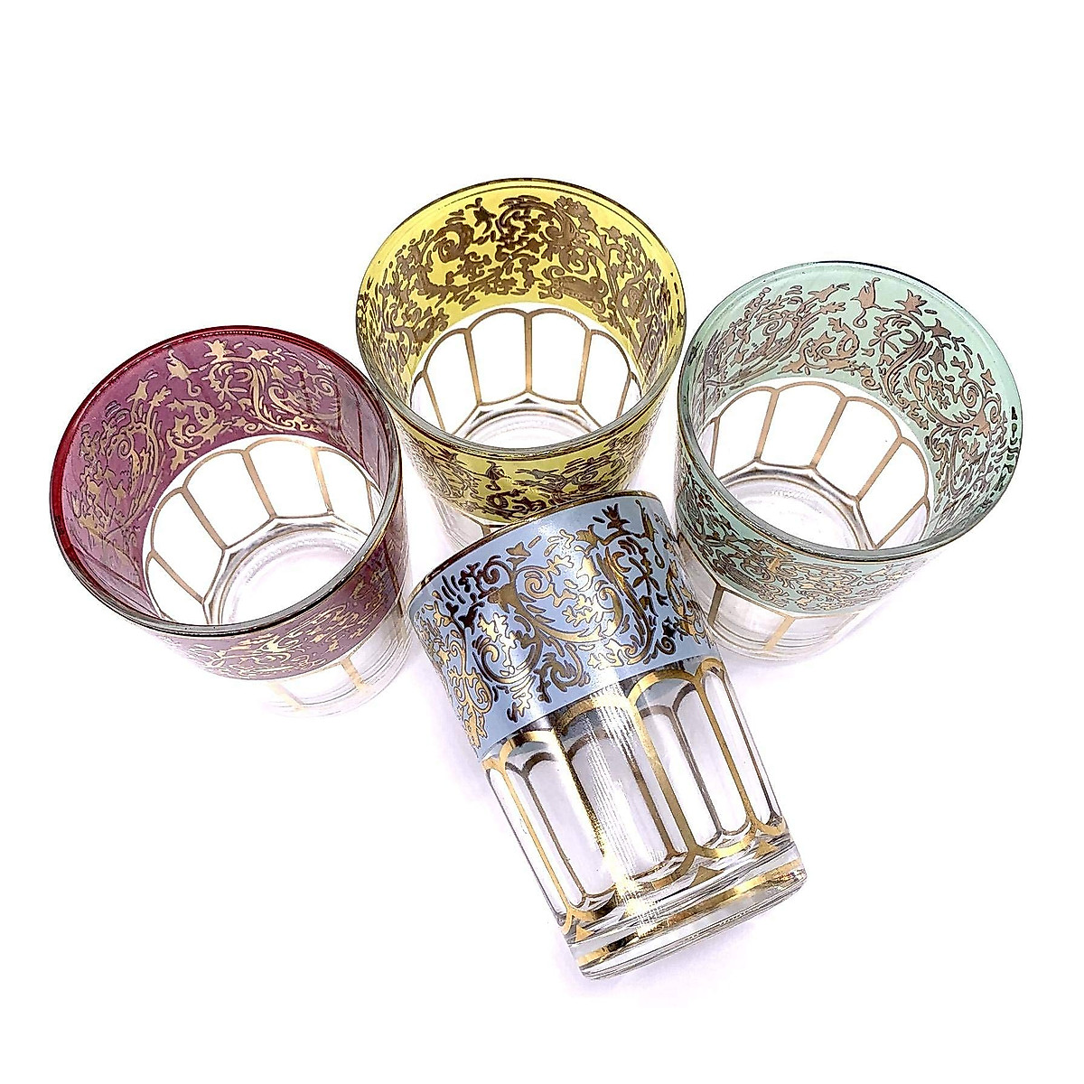 Big Gold Shot Glasses, Mini Juice Glasses, 4 oz Shot Glasses Set, Party Shot Glasses With Colorful Print, Small Stemless Wine Glass Set Of 4, 5oz Moroccan Tea Glasses