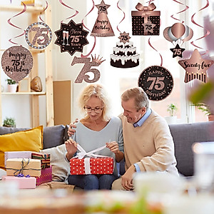 Happy 75th Birthday Hanging Swirls Streams Ceiling Decorations, Celebration 75 Foil Hanging Swirls with Cutouts for 75 Years Old Rose Gold Birthday Party Decorations Supplies