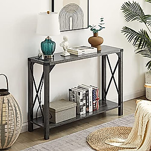 IRCPEN 42.5" Entryway Table with Charging Station, 2-Tier Skinny Sofa Table with Outlet, Industrial Console Table for Entryway, Living Room, Hallway, Foyer (Grey, 42.9" D x 11.8" W x 29.9" H)