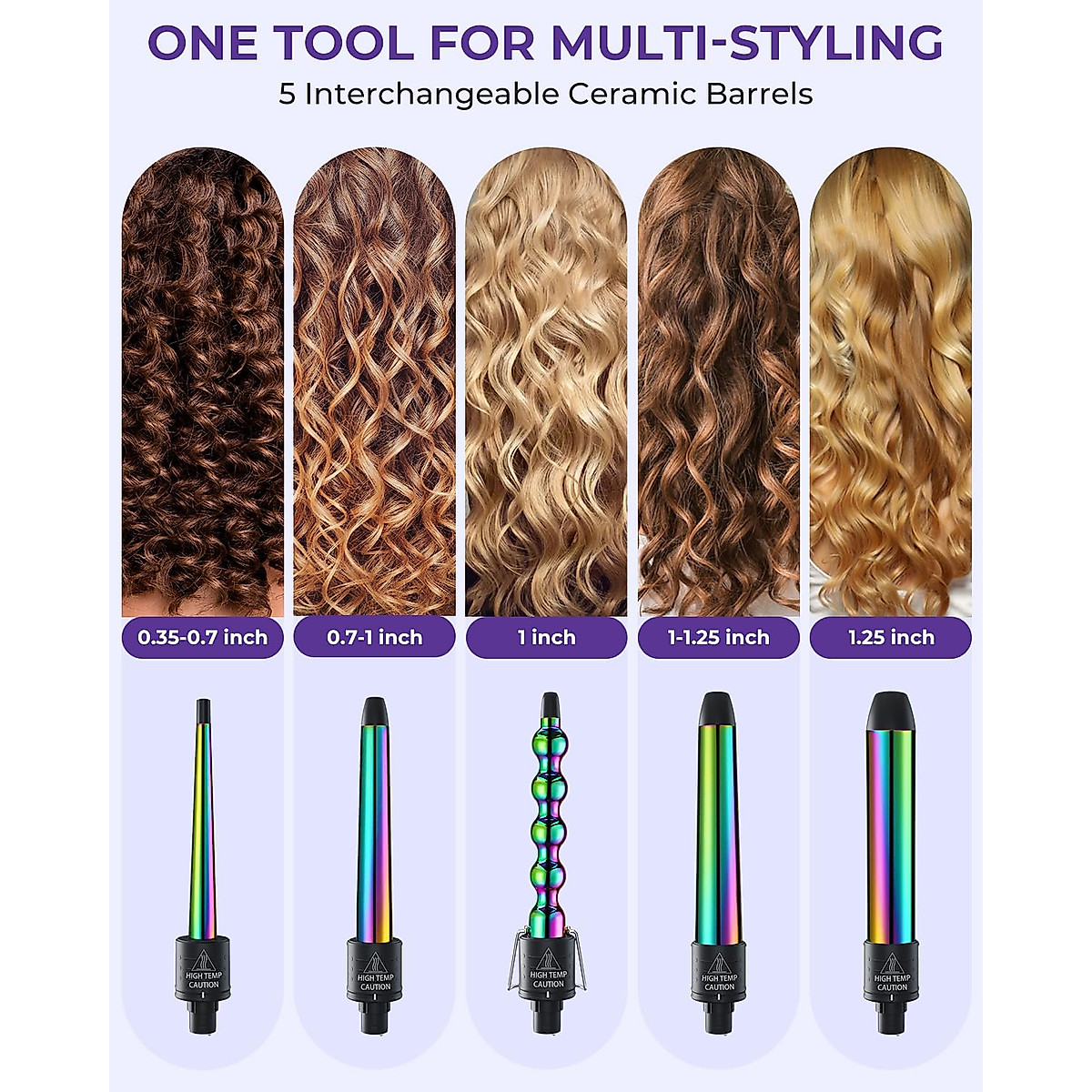 5 in 1 Curling Wand Set: Ohuhu Curling Iron Wand 5Pcs 0.35 to 1.25 Inch Interchangeable Ceramic Barrel Heat Protective Glove 2 Clips Dual Voltage Hair Curler for Girls Women Rainbow