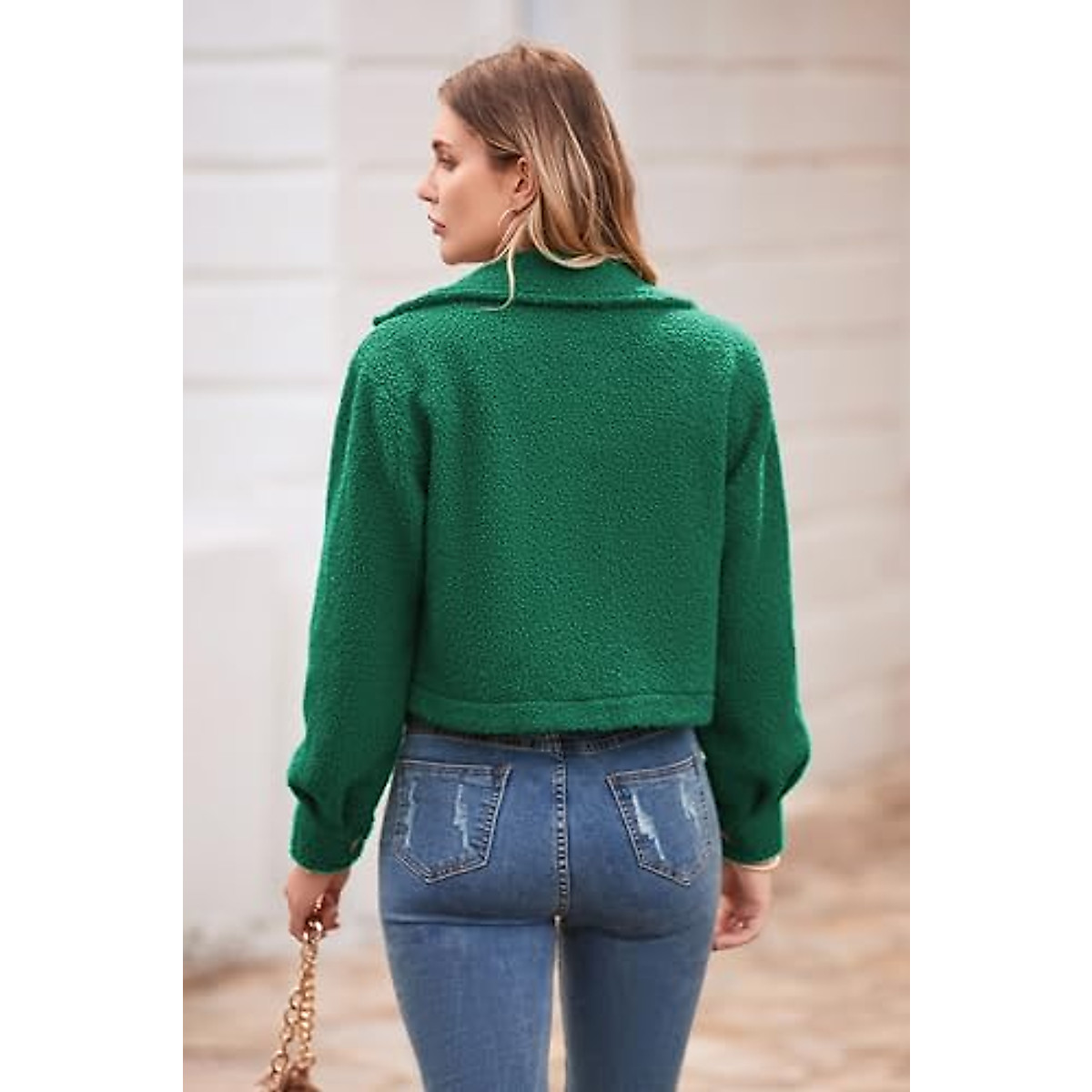 PRETTYGARDEN Womens Fall Clothes Sherpa Shacket Jacket Fuzzy Lapel Button Down Cropped Coat Winter Outerwear (Green,Large)