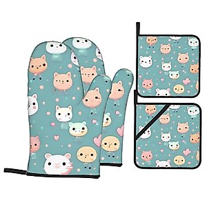 Cute Fox Oven Mitt and Pan Cover Set, 4 Piece Set for Kitchen Cooking, Baking and Microwave, Kitchen Accessories.