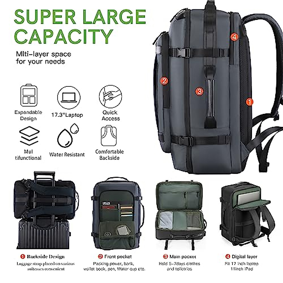 VGOAL Carry on Backpack,Flight Approved 35L Expandable Travel Backpacks Weekender Overnight Luggage Bag Daypack Business Extra Large Backpack Fits up to 17.3" Laptop for Men & Women