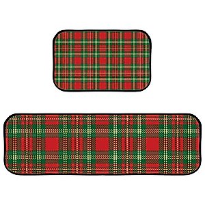 Vantaso Kitchen Floor Mat Rug Tartan Check Christmas Plaid Set of 2 Cushioned Non-Slip Comfort Runner Rugs