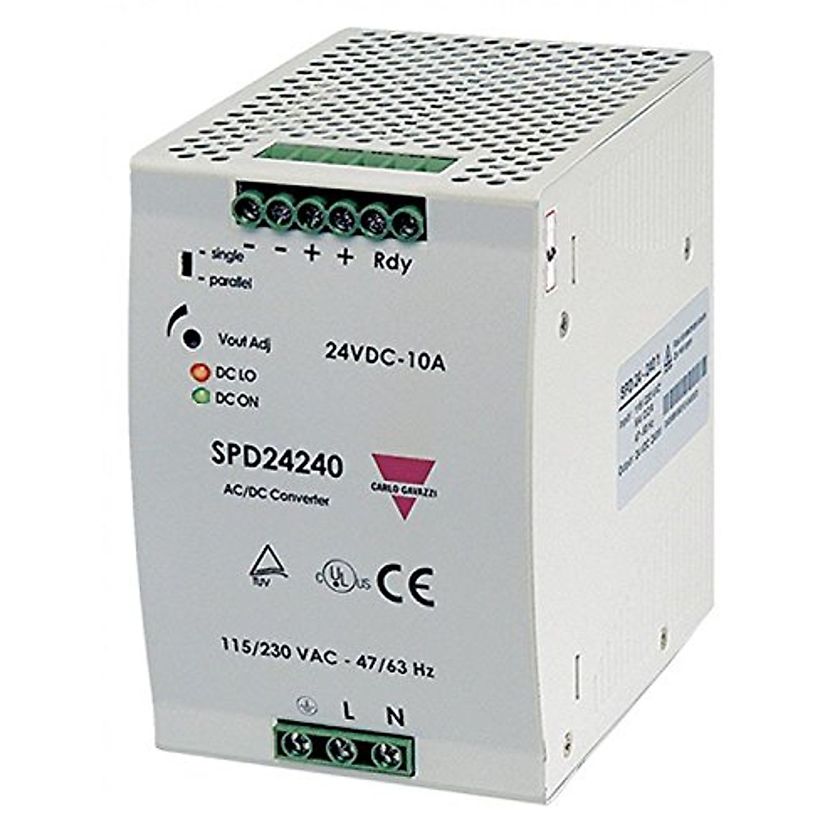 CARLO GAVAZZI SPD242401 DIN Rail Mount Switching Power Supply, 83.5 mm Wide, 90-264 VAC or 210-375 VDC Supply Voltage, Adjustable 24 VDC, 10 amp, 240 W output, 89% Efficiency, PFC and Parallel Output Function, Power Ready Output, IP20 Cover, Diagnostic LE