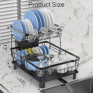 DMTXCRP Dish Drying Rack, Space Saving & Durable, Rust-Proof Large 2 Tier Stainless Steel Dish Racks for Kitchen Counter with Cutlery & Cup Holder & Drainboard