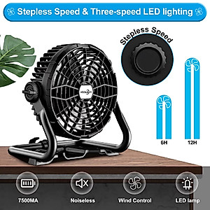 VCOLBON Small Rechargeable Portable Camping Fan, 360° Adjustable Outdoor Battery Operated Cordless Table Fan, 8-Inch 12 LED Stepless Speeds Quiet Bedroom Desk Fans for Home Office Travel Tent, Black