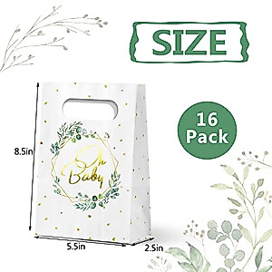 WEEPA 24 Pcs Greenery Eucalyptus Oh Baby Paper Gift Bags Neutral Baby Shower Treat Sack White Kraft Paper Bags, 5.5 * 2.5 * 8.5 inch