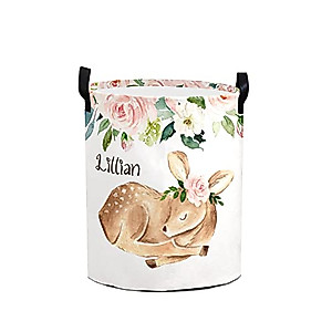 SunFancy Girls Floral Deer Personalized Laundry Basket Clothes Hamper with Handles Waterproof,Custom Collapsible Laundry Storage Baskets for Bedroom,Bathroom Decorative Large Capacity, One Size