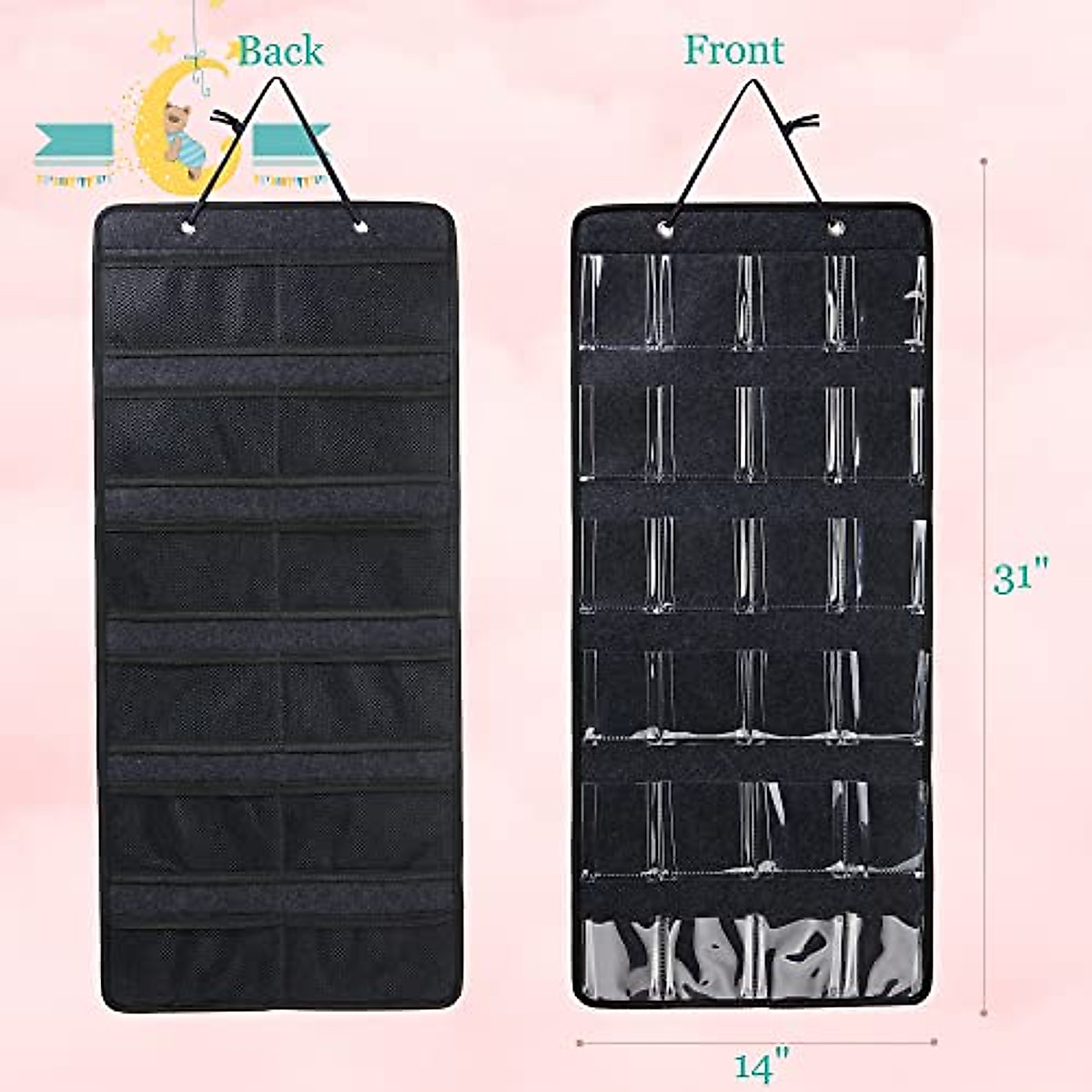 HUHYNN Baby Shoe Organizer for 12 Pairs of Boys Girls Baby Shoes, Double Sided Baby Shoe Organizer with Multiple Pockets(No Accessories Included) (Black)