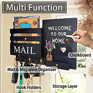 Forzater Upgraded Key Holder Mail Organizer Wall Mounted with 3 Double Hooks with Black Board Floating Shelf Rustic Wood Decorative Hanger for Entry Way