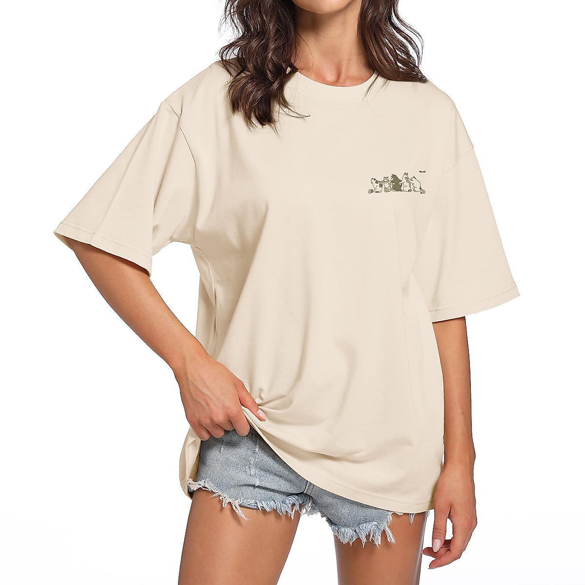 Cayxatiu Cute Cat Graphic Tees for Women Harajuku Shirt Letter Printed Oversized T Shirts Aesthetic Casual Baggy Tshirts (Apricot,L,Large)