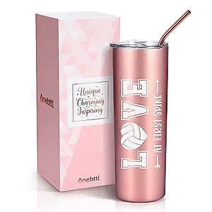 Onebttl Volleyball Gifts for Teen Girls & Team, Stainless Steel Kids Volleyball Tumbler, Double Wall Vacuum Insulated Bottle with Lid and Straw - RoseGold Love at first Spike