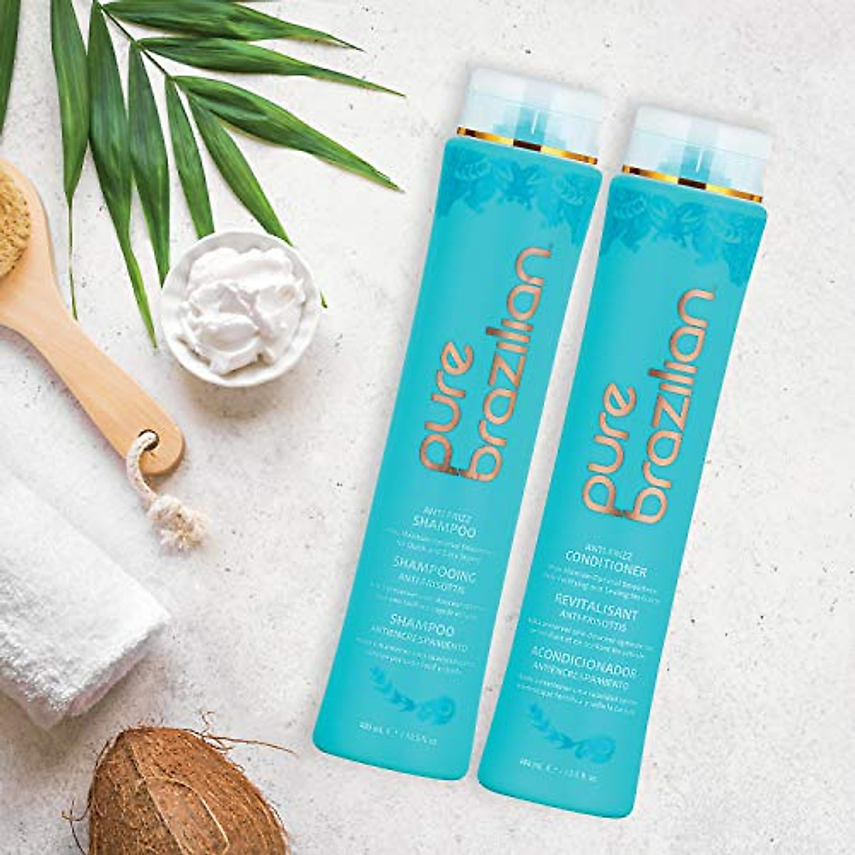 PURE BRAZILIAN Anti Frizz Daily Shampoo & Conditioner - Salt-Free & Color Safe Shampoo & Conditioner Enriched With Keratin, Argan Oil, and Acai (13.5 Ounce / 400 Milliliter)