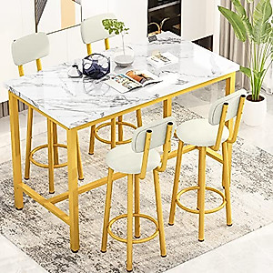 AWQM Faux Marble Dining Table with 4 PU Upholstered Chairs, 5-Piece Breakfast Table Bar Table and Backrest Chairs with Footrest, Kitchen & Dining Room Set for 4, Space Saving Furniture (White & Gold)
