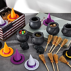 Deekin 32 Pcs Halloween Mini Witch Hats, Mini Witches Broom, Candy Cauldron Kettles and Black Kitten Figurines for Craft