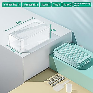 Ice Cube Tray, EMYIE Round Ice Trays for Freezer with Lid and Bin, Ice Ball Maker Making 99 x 1.0IN Ice Balls,3 pack Circle Ice Trays with Tong, Scoop, Measuring Cup&3 Straws (Green)